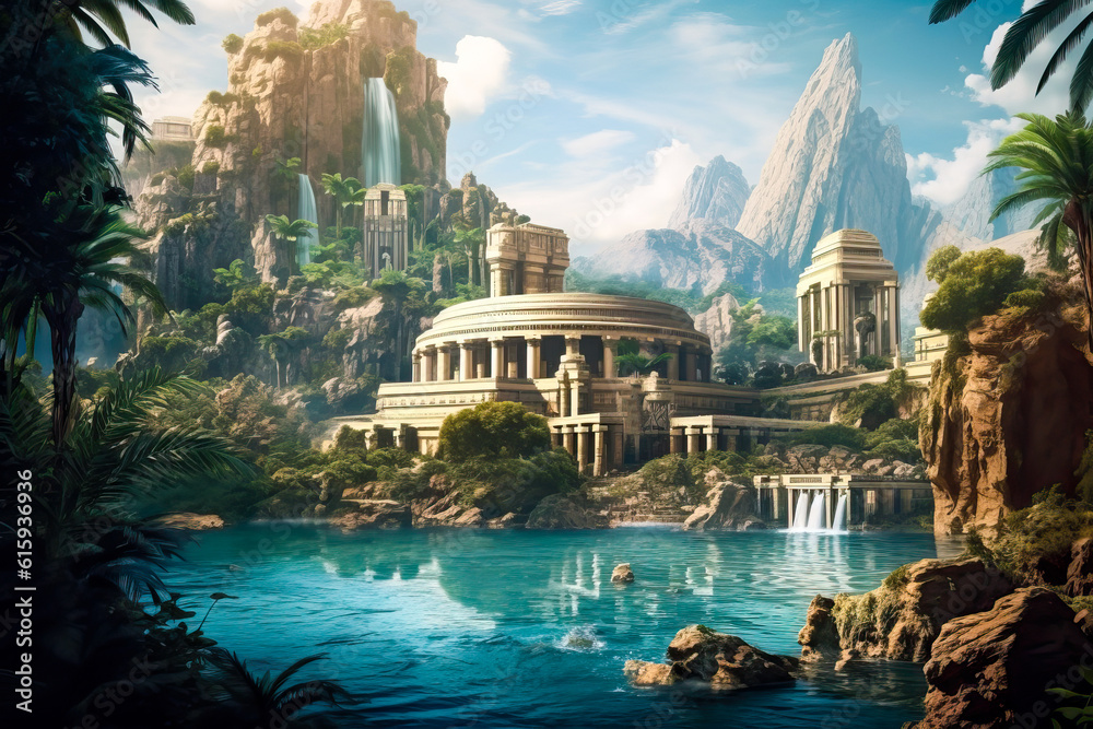 Fantasy city landscape, classical, waterfalls, Atlantis, coastal water ...