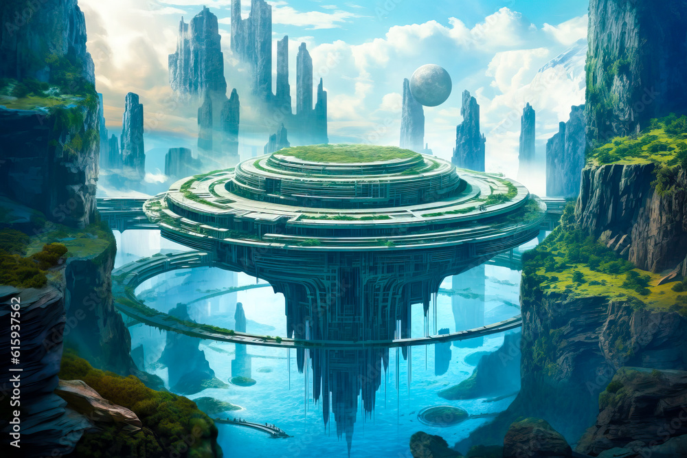 Science fiction landscape, round floating city building, rocky ...