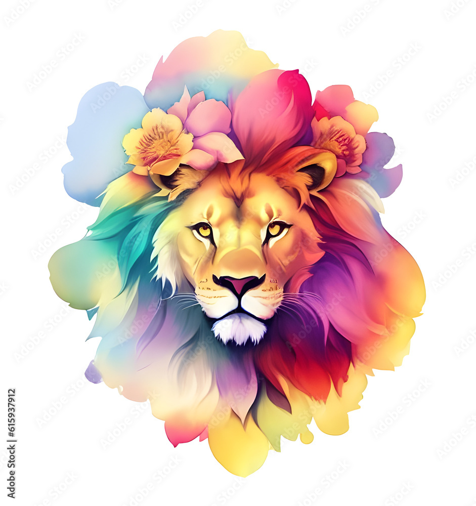 lion with mane in flower wreath, clipart isolated on transparent ...