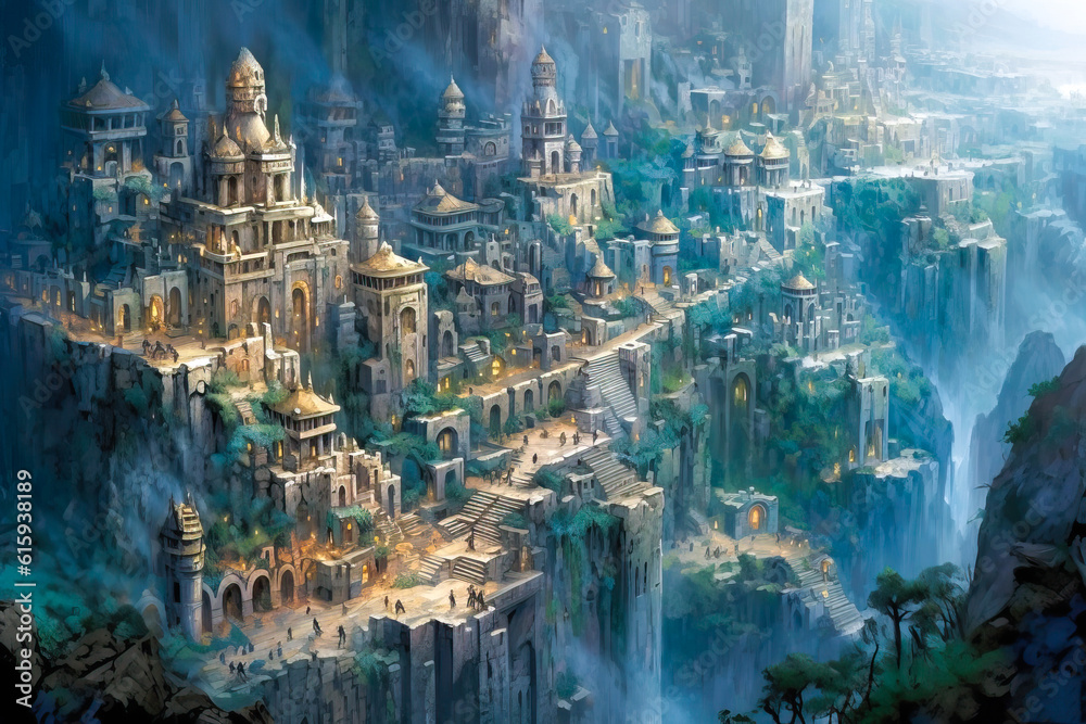 Fantasy stone city landscape, cliff buildings, old, ancient ...