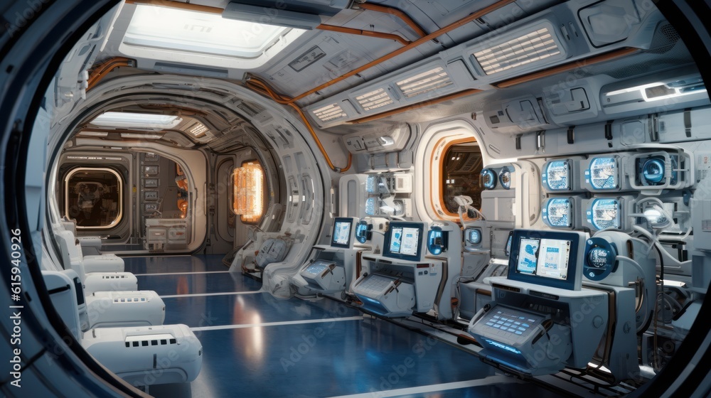 Interior of a space station, complete with control rooms, zero ...