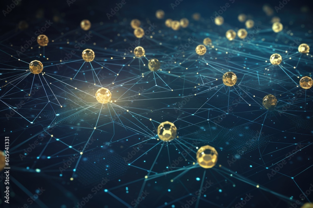 technology network background with a blue gradient and golden hubs and ...