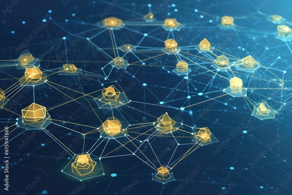 technology network background with a blue gradient and golden hubs and ...