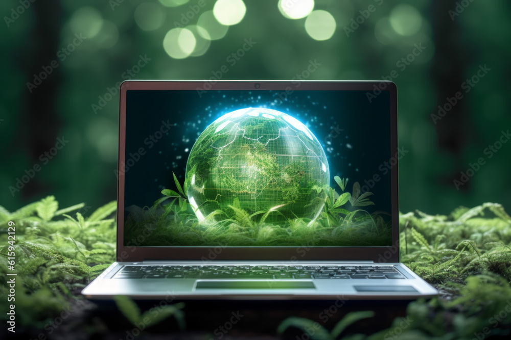 Green planet Earth on laptop screen, representing concept of ecological ...