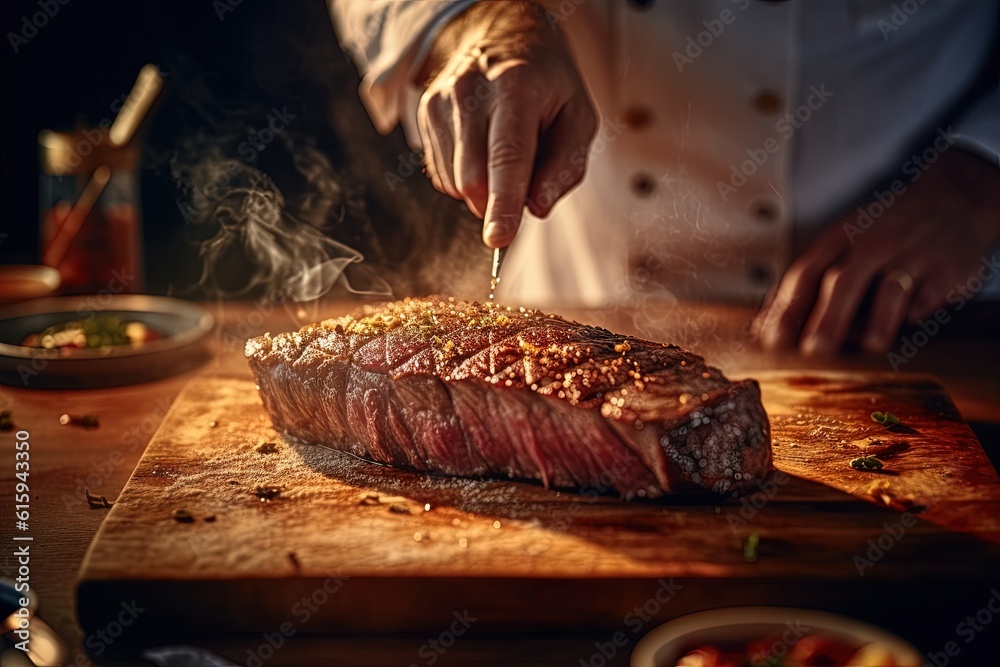 A gourmet feast for the eyes: a close-up shot of a premium beef steak ...