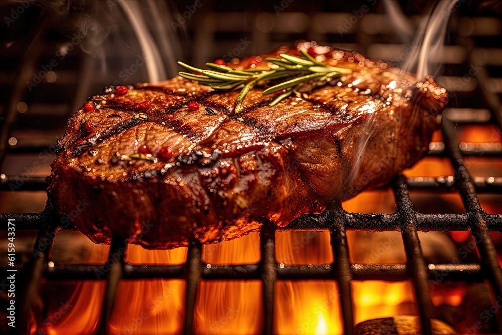 "A tantalizing close-up of a premium beef steak, perfectly seared and ...