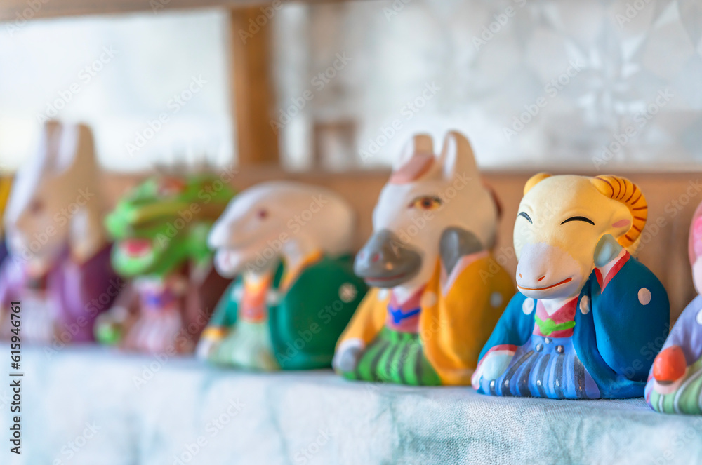 Ceramic made figurines of the twelve japanese zodiac signs or juunishi ...