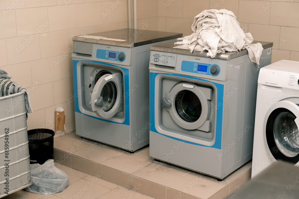 industrial washing machine Hotel laundry services Clothes dryer concept ...