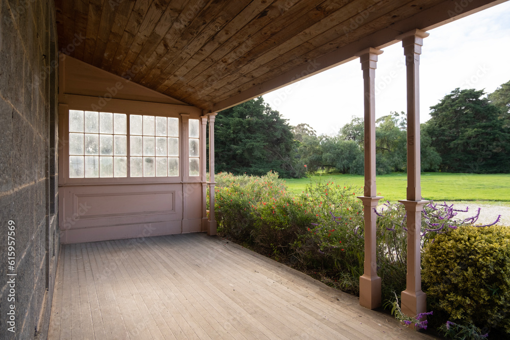 Background texture of a wooden verandah with timber floor and roof at ...