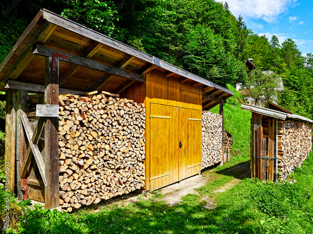 Hallstatt, Austria. Wood stack with stacked firewood stock for winter ...