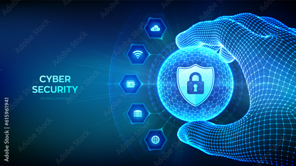 Vetor de Cyber security technology concept in the shape of sphere with ...