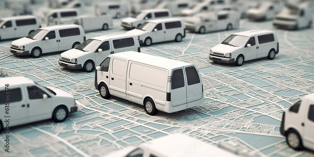 Conceptual image of delivery vans standing on a city map. Generative AI ...