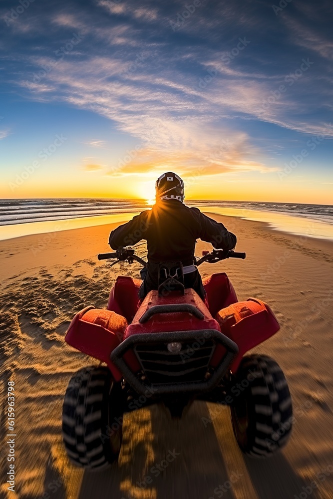 Back view of person riding ATV quad-bike in sand beach by sunset ...
