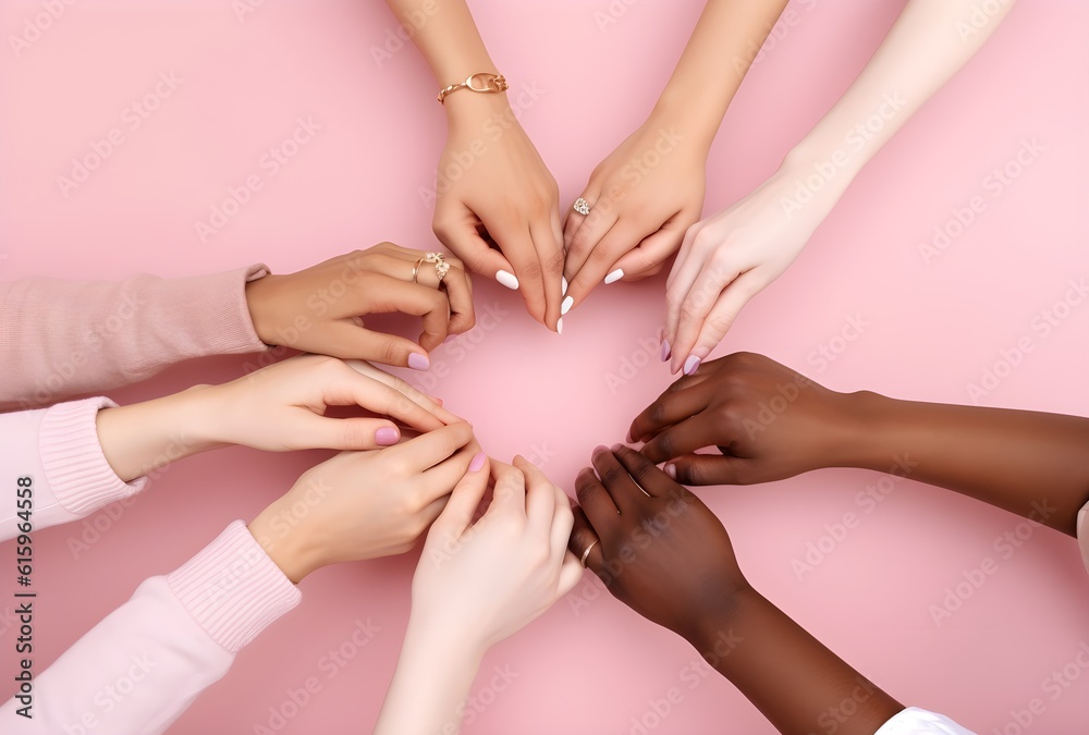 multiracial African, Caucasian hands holding each other, making a heart ...