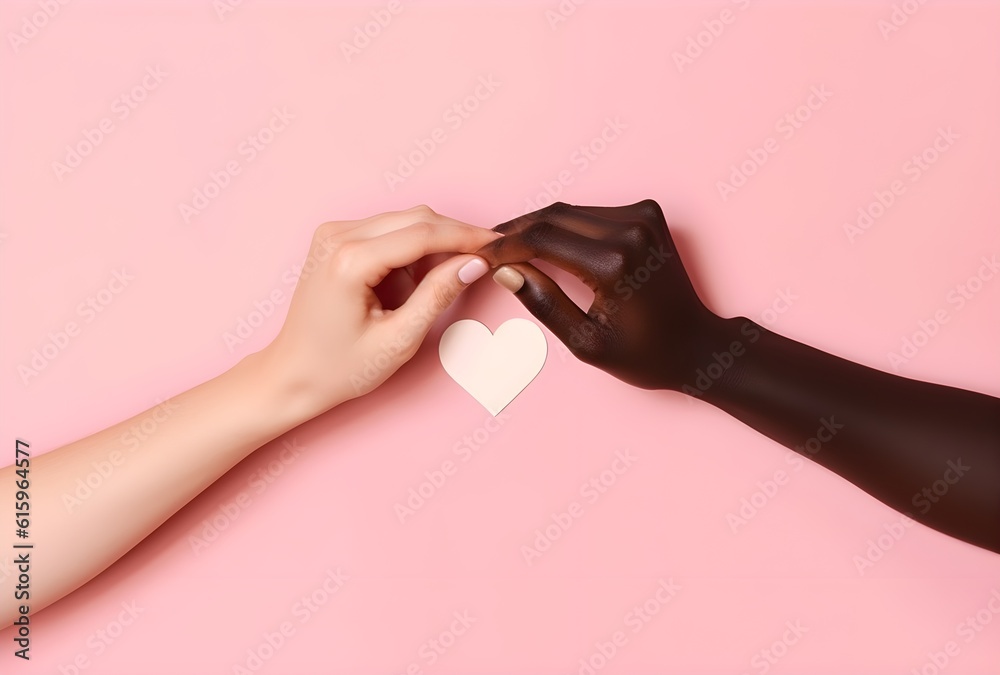 multiracial African, Caucasian hands holding each other, making a heart ...