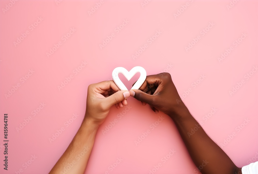 multiracial African, Caucasian hands holding each other, making a heart ...