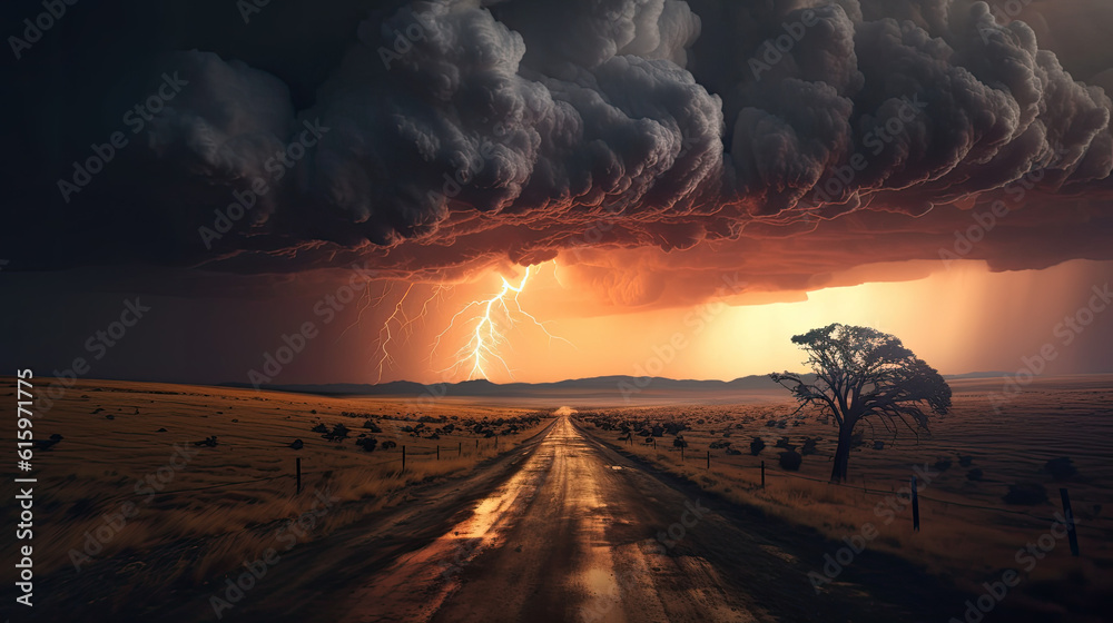 deadly storm with dark clouds and lightning down eerie road pathway ...