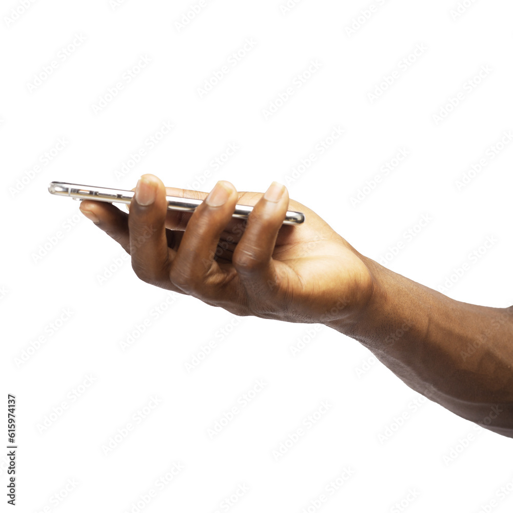 Black Hand holding mobile phone isolated on transparent background ...