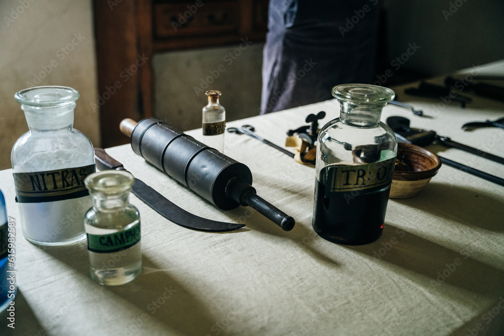 medieval medical tools, detail of vintage surgeon tools on a table ...