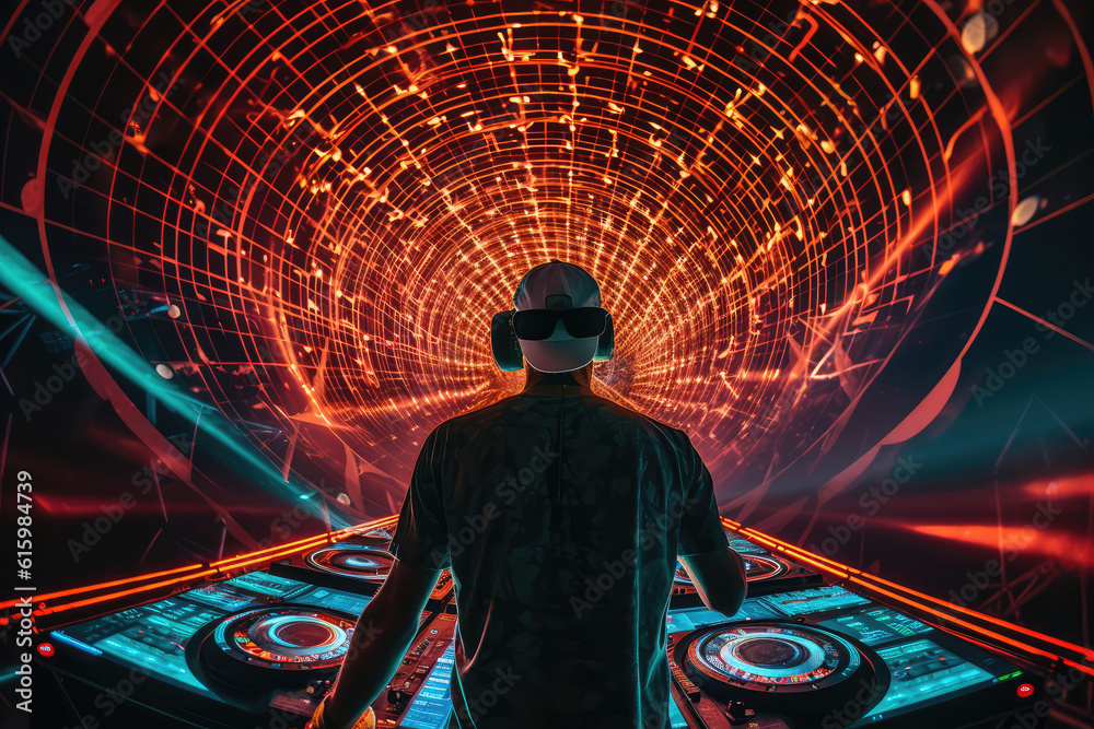 a DJ plays a massive set, in a venue, at a festival, bright neon lazer ...