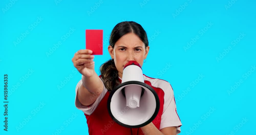 Referee woman, studio and red card in hand, megaphone, shouting and ...