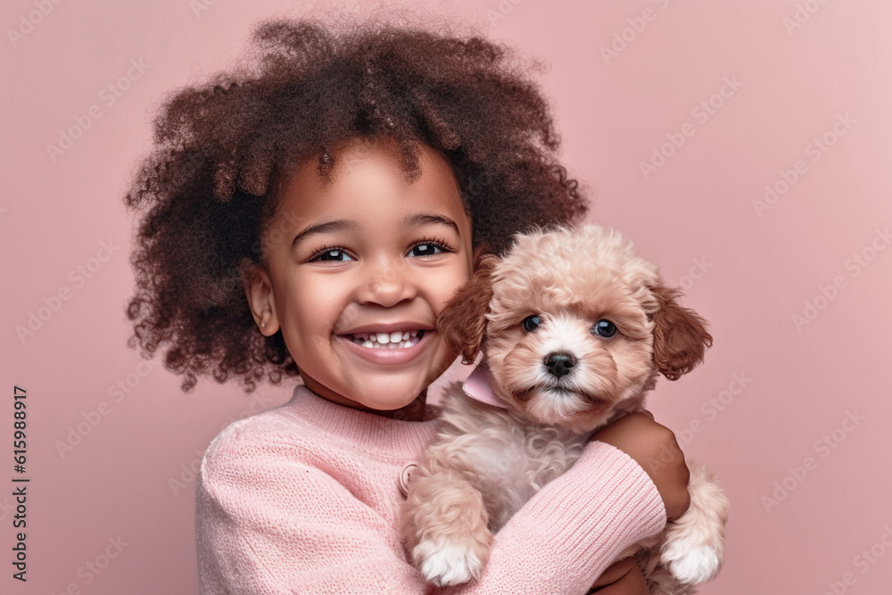 Little girl smiling with her puppy isolated on pink pastel background ...