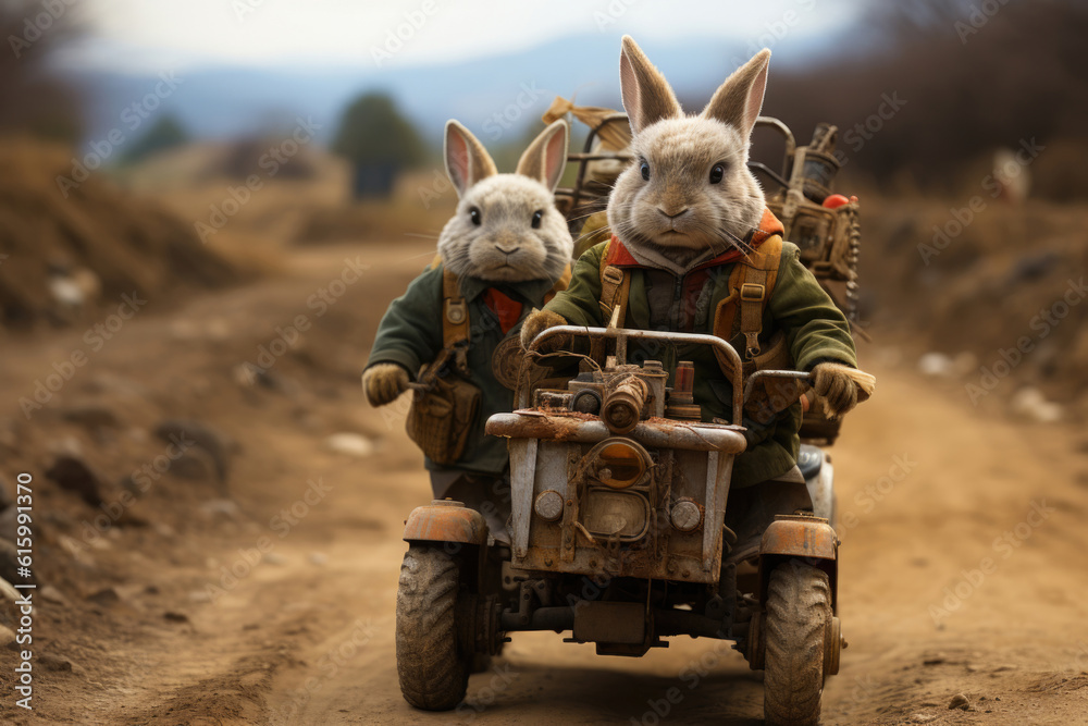 Realistic illustration. Cute gray rabbit extreme rolls on an off-road ...
