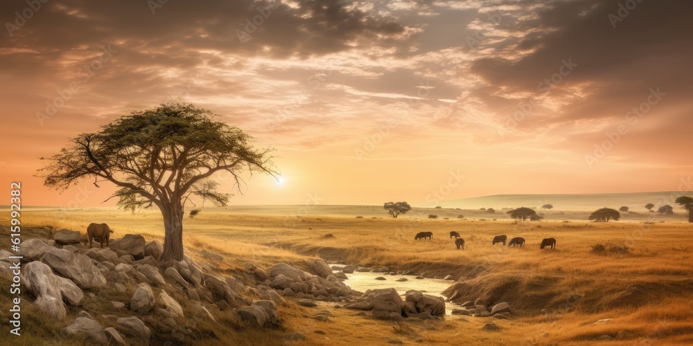 Cinematic African landscape. Sahara grasslands. Sunrise over the desert ...