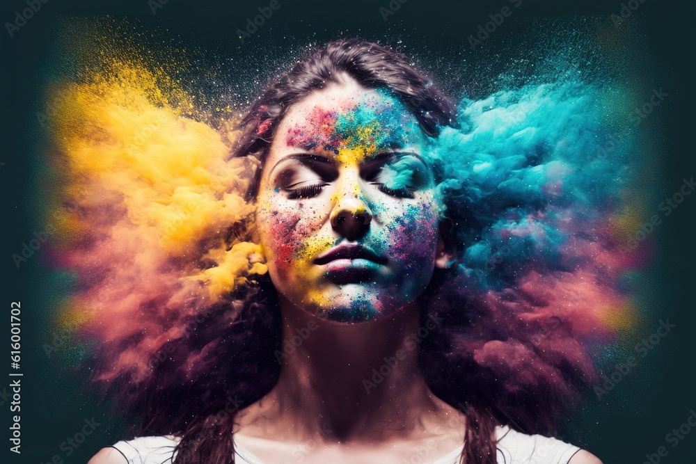Woman with powerful vivid powder explosion on her head as symbol for ...