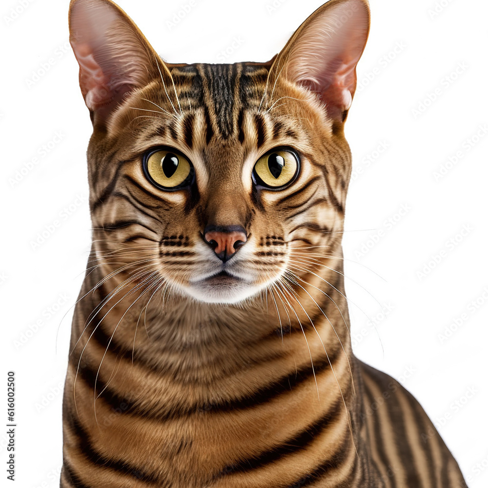 Adorable toyger cat portrait looking at camera on white isolated ...