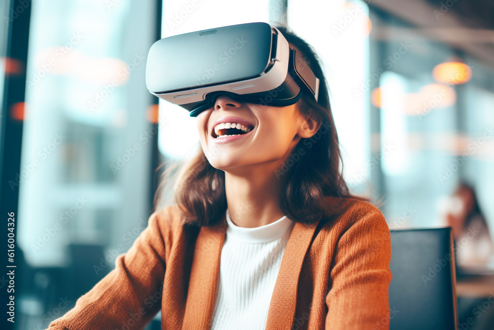 Cheerful young woman with brown hair in VR glasses plays in online game ...