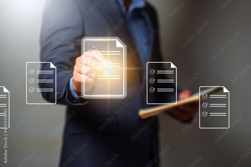 E-signing paperless concept, businessman signing on electronic document ...