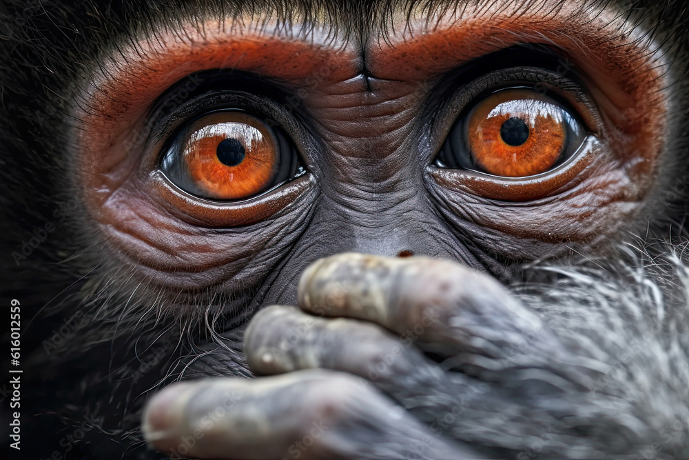 a monkey's face with its hands on it's cheek, looking at the camera and ...
