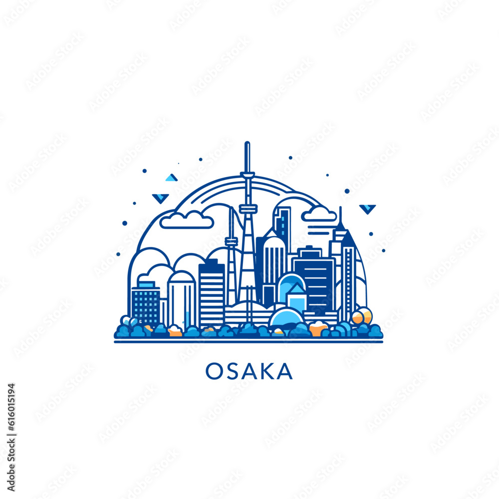 Japan Osaka city landscape skyline panorama with abstract silhouette ...