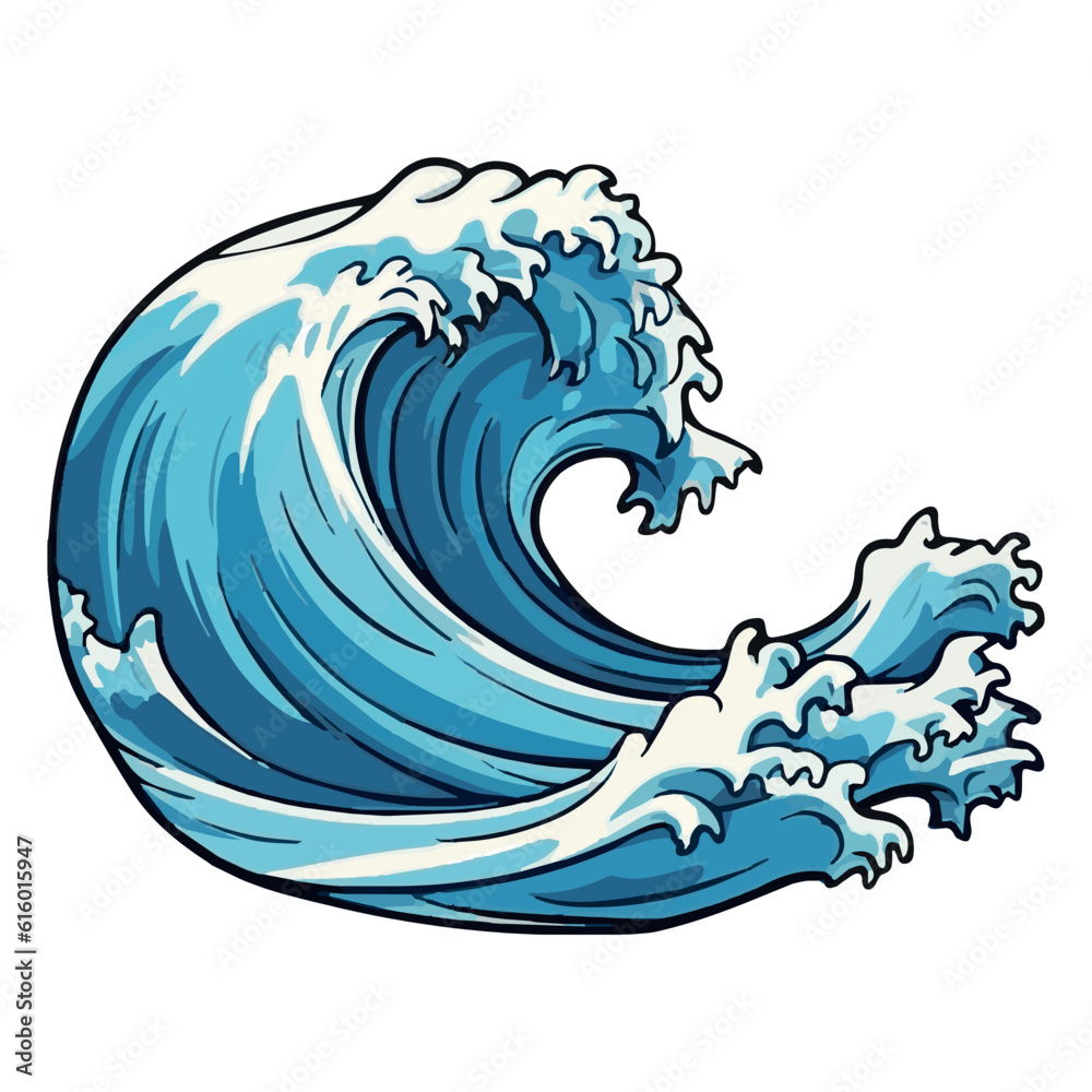 Vector sea wave. Illustration of blue ocean waves with white foam ...