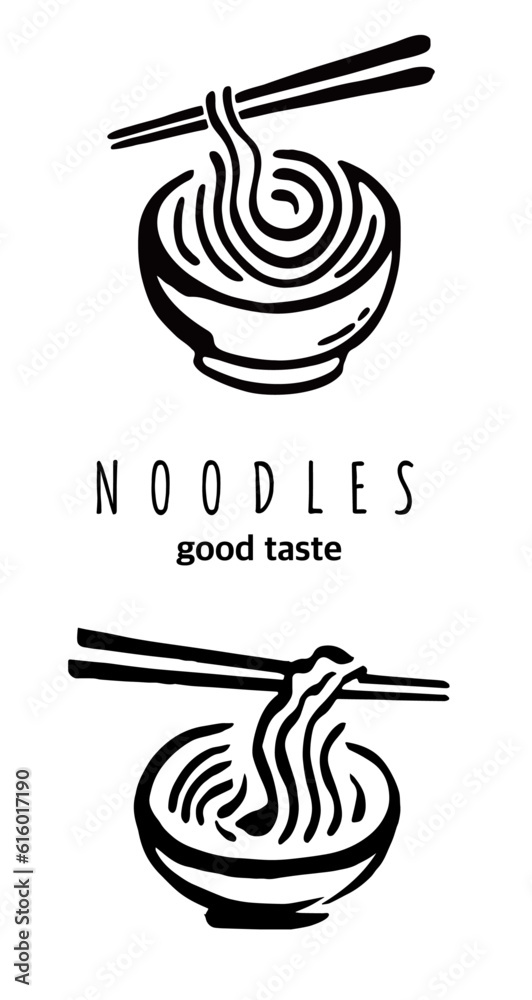 Noodles logo with chopsticks drawn by brush over white background ...