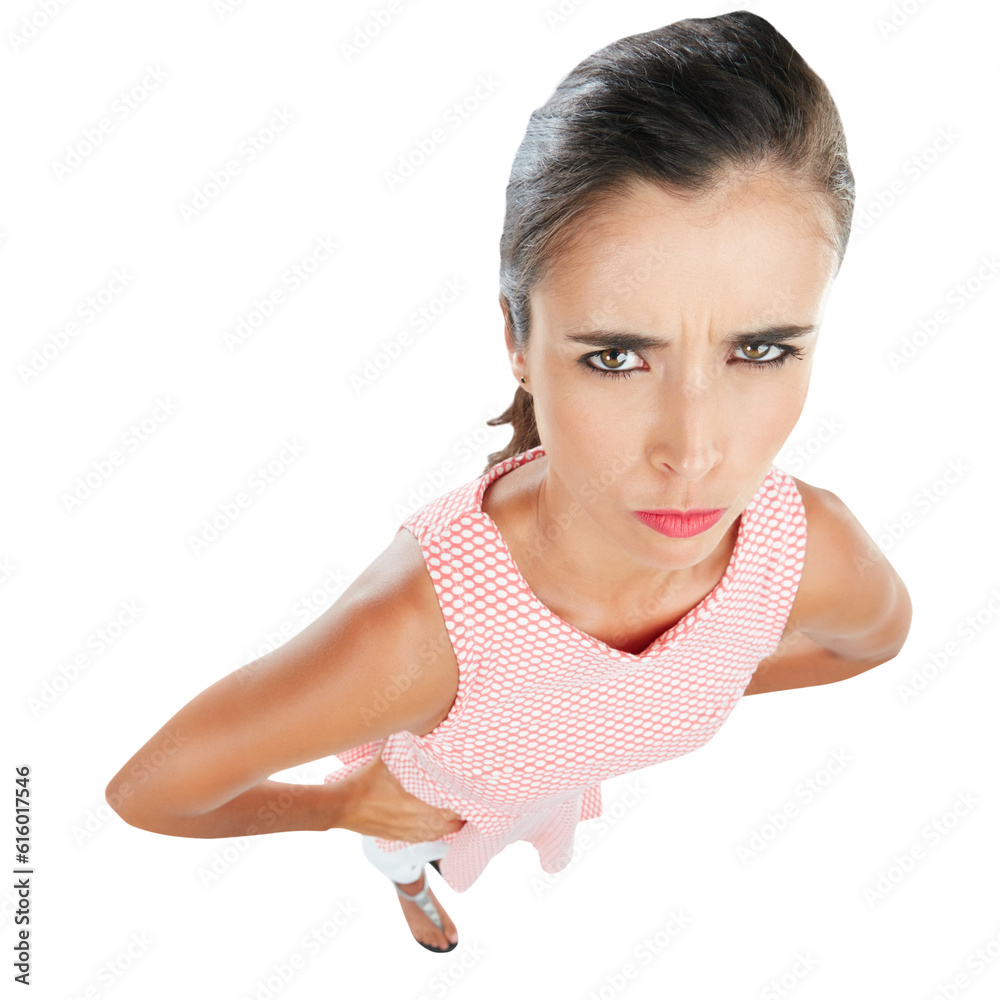 Top view, portrait of a woman angry and isolated against a transparent ...
