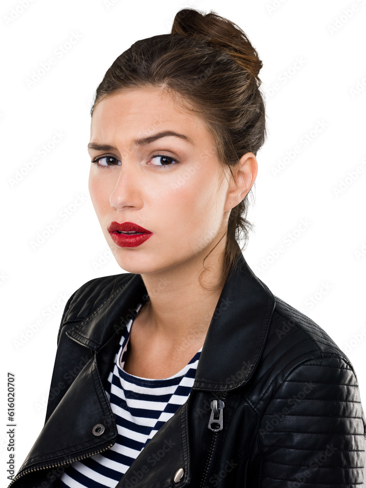 Lipstick, portrait of a confused woman and fashion model isolated ...