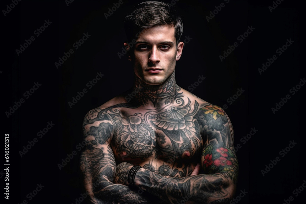 Handsome young fit man posing wearing in jeans with tattoo, shirtless ...