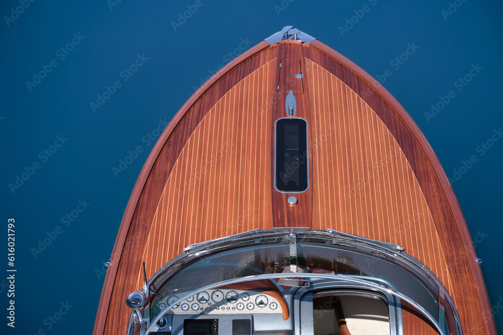 Luxurious big boat for millionaires deck part on blue water top view ...