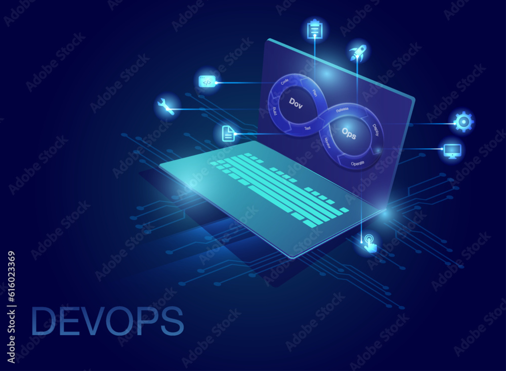 DevOps Infinity shape on screen infographic template for business and ...