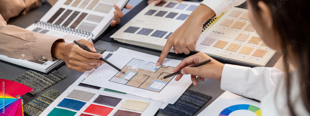 Group of interior designer team in meeting, discussing with engineer on ...