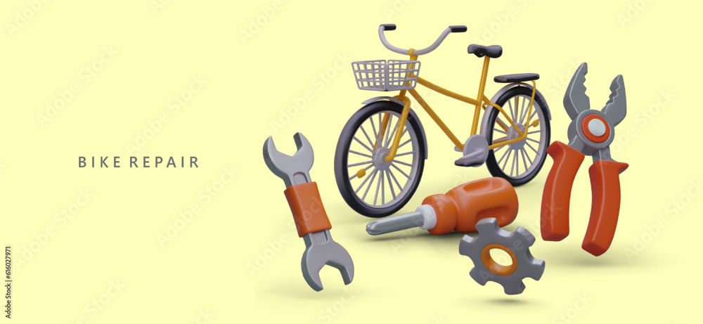 Repair and maintenance of bicycles. 3D bike, pliers, screwdriver ...