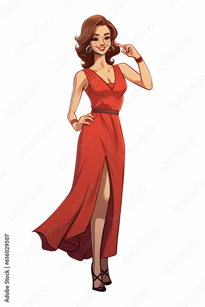 Belle femme en robe rouge avec un large sourire, dessin façon bd ...