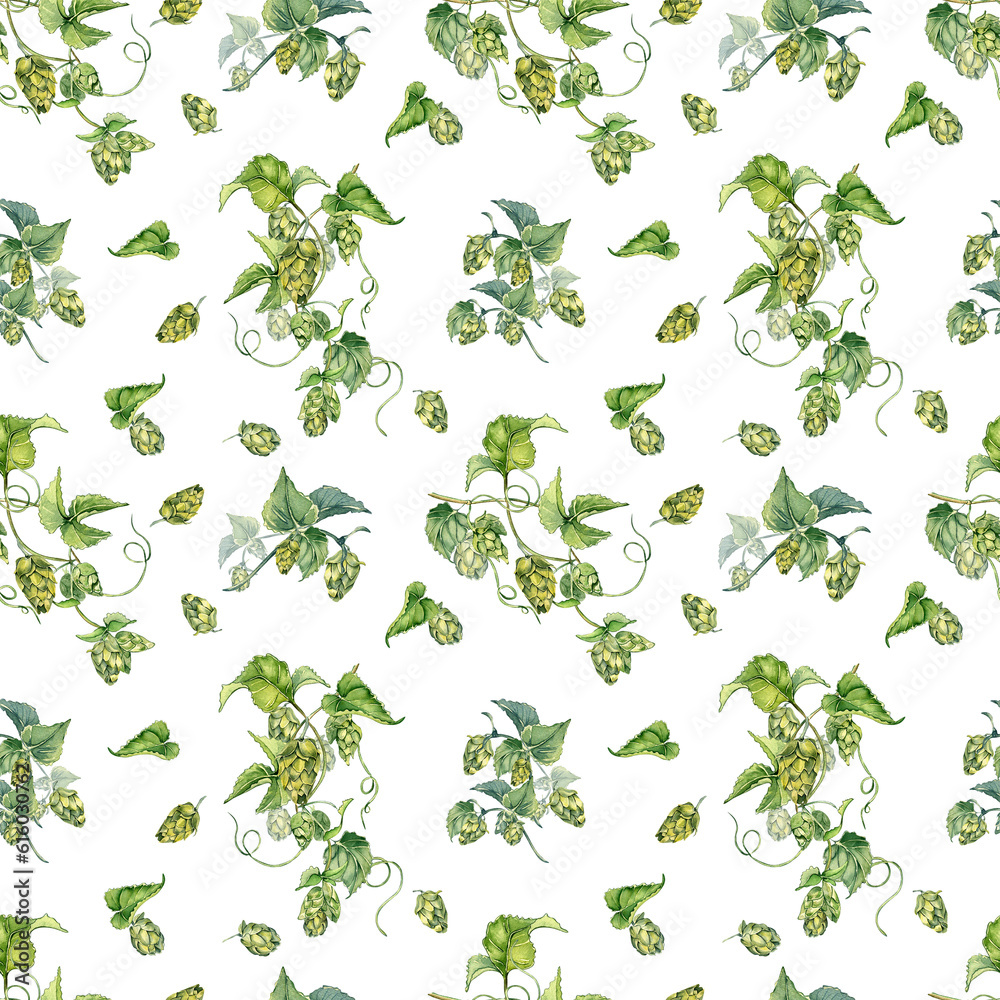 Hop vine, plant humulus watercolor seamless pattern isolated on white ...
