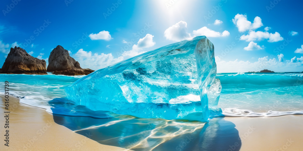 Majestic iceberg on sunlit beach, showcasing vibrant blue hues against ...