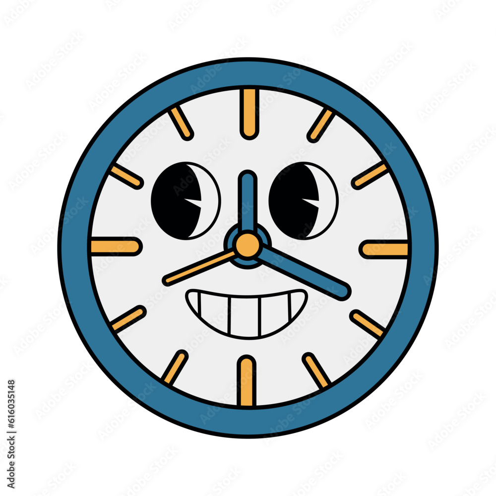 Funny groovy retro clipart clock. Clock character in 70s cartoon style ...