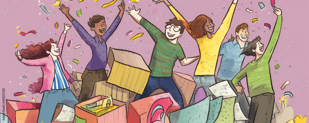 Vibrant friends holding a signed moving box amid colorful decor ...