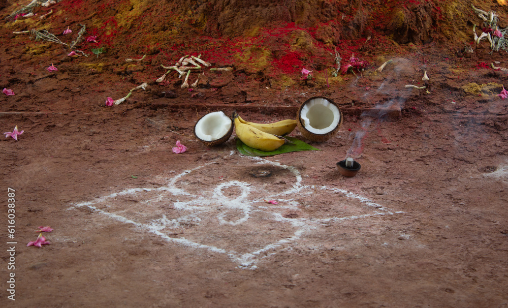 Hindu tradition of praying before the snake mound (ant hill) with ...