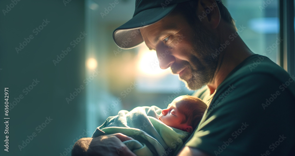 Newborn baby on chest of the father, emotional attachment between dad ...